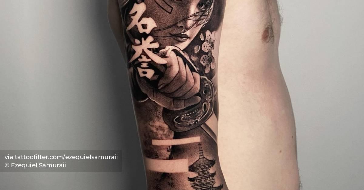 Onna-Bugeisha half sleeve tattoo done in black and grey