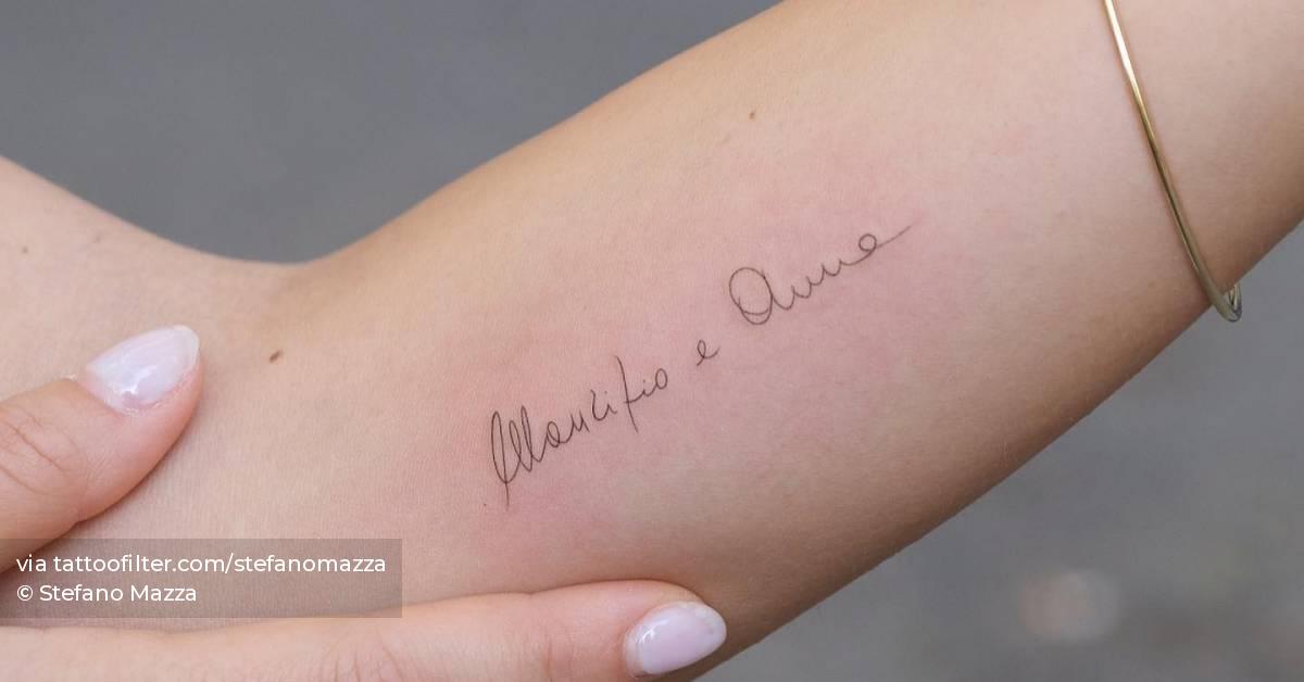 Signatures tattoo located on the inner forearm.