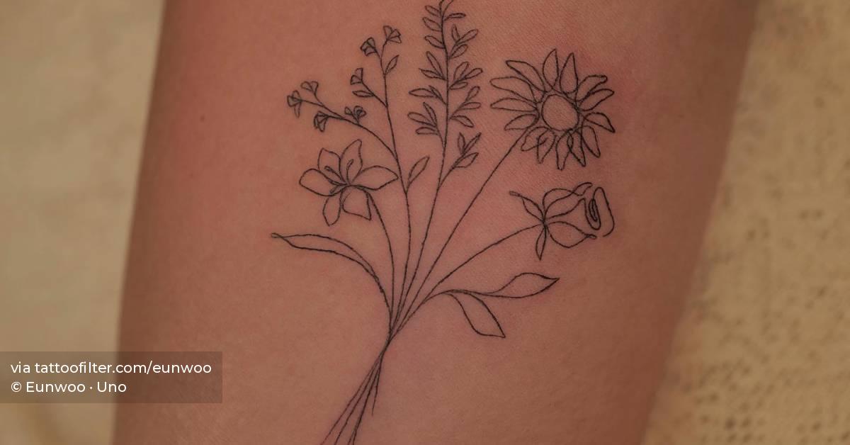 Continuous line flower bouquet tattoo located on the