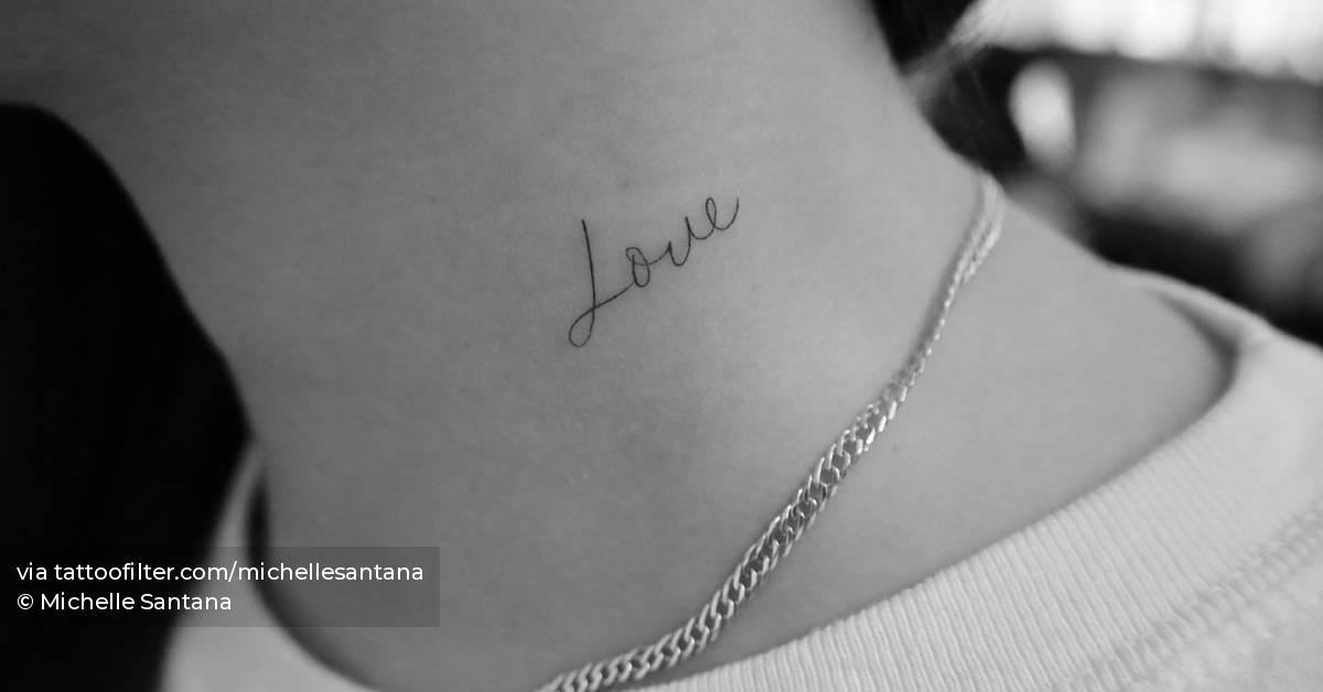 Tattoo of the word "love" handwritten on the neck.