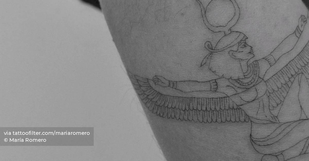 Fine line style Isis tattoo located on the forearm.