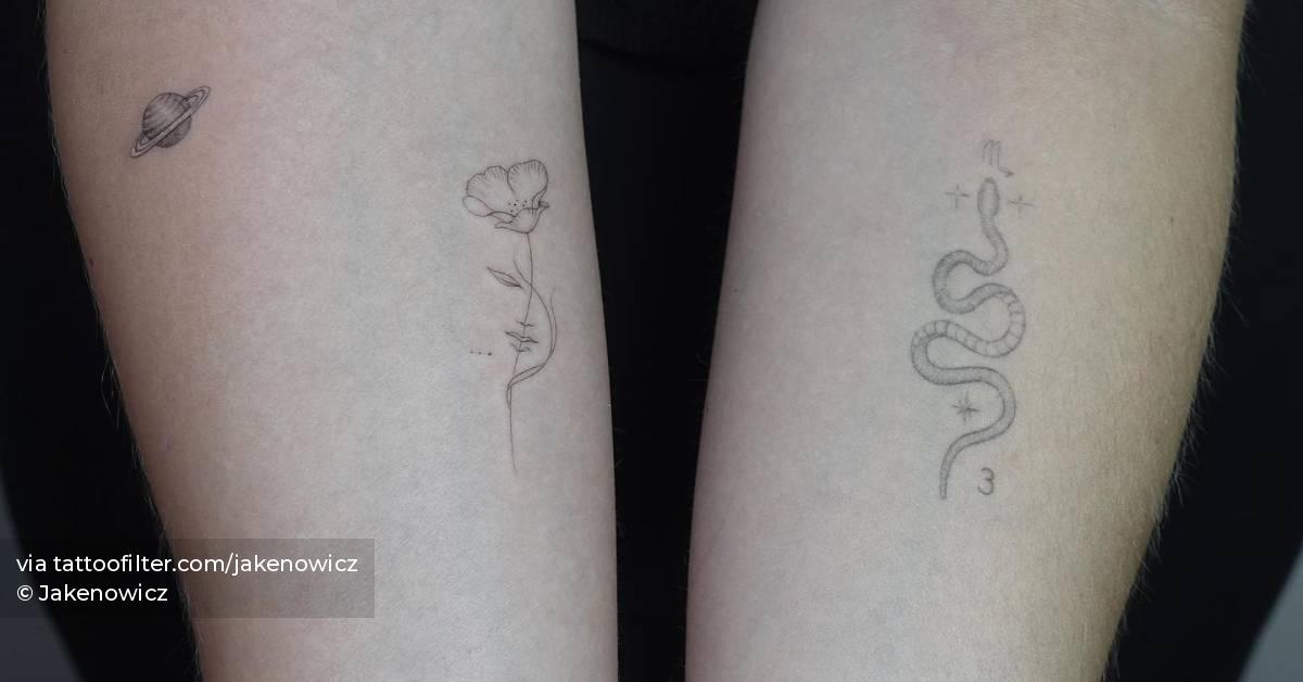 Single needle forearm composition tattoos.