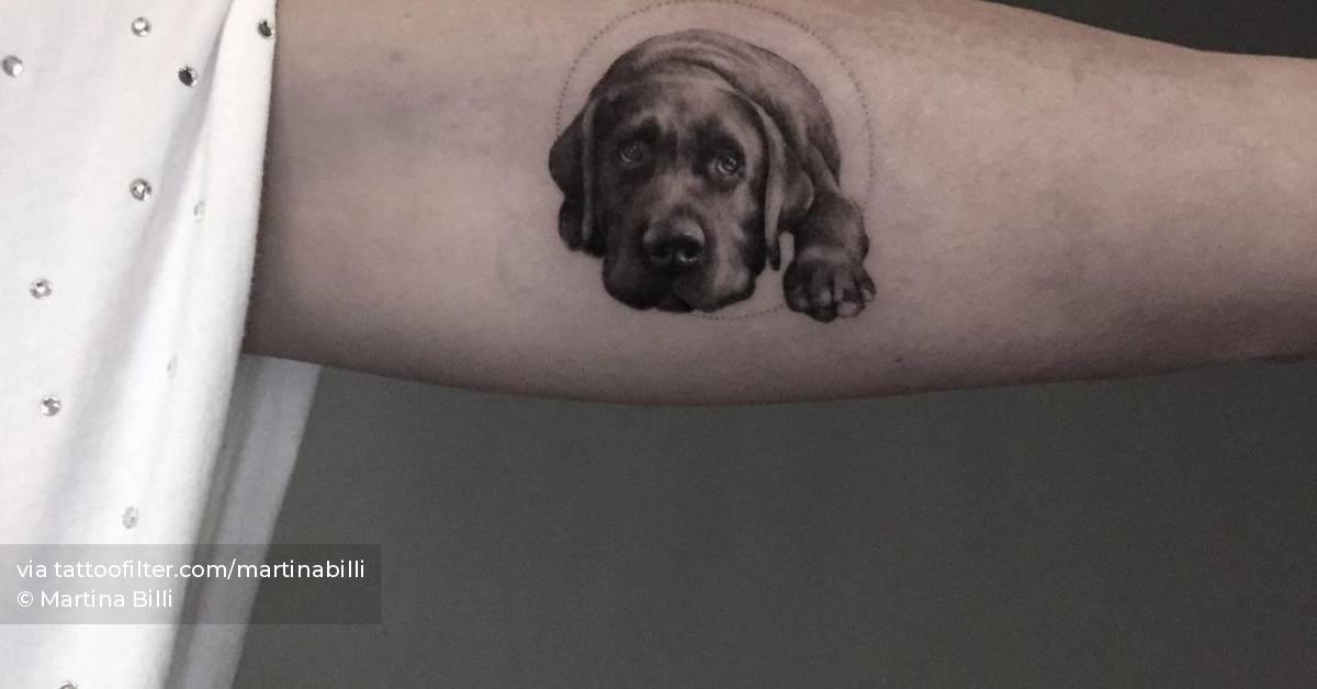 Micro-realistic labrador tattoo on the inner arm.