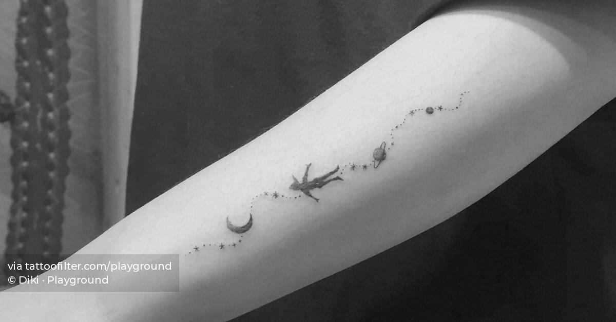 Peter Pan tattoo located on the forearm, minimalistic