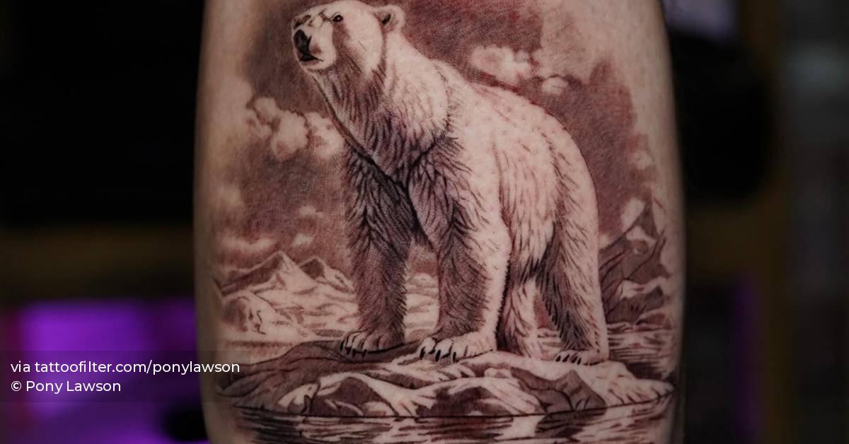 Polar bear tattoo done on the calf, micro-realistic