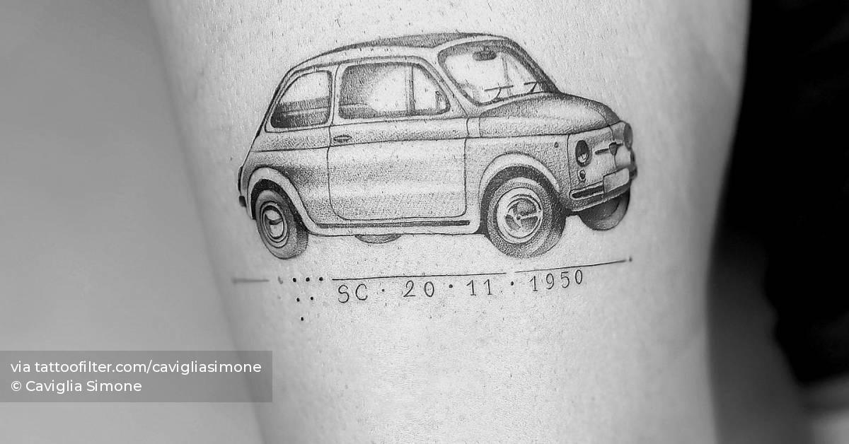 Fiat 500 tattoo located on the thigh, illustrative