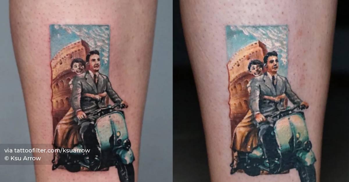 Fresh and healed tattoo of Audrey Hepburn and Gregory