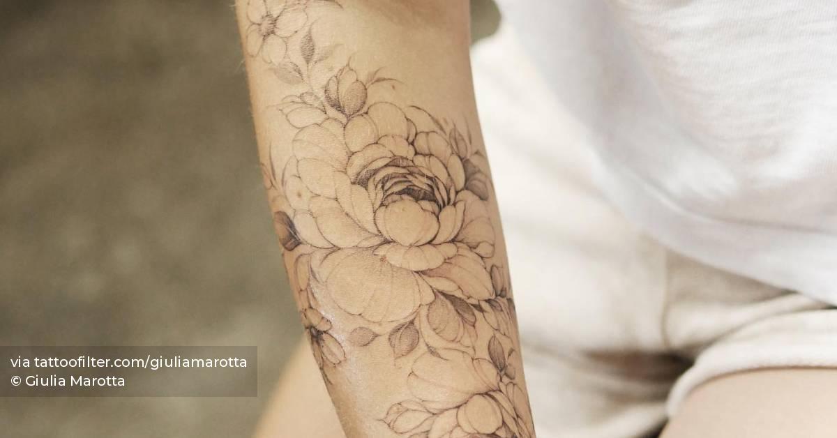 Peonies tattoo located on the forearm, illustrative