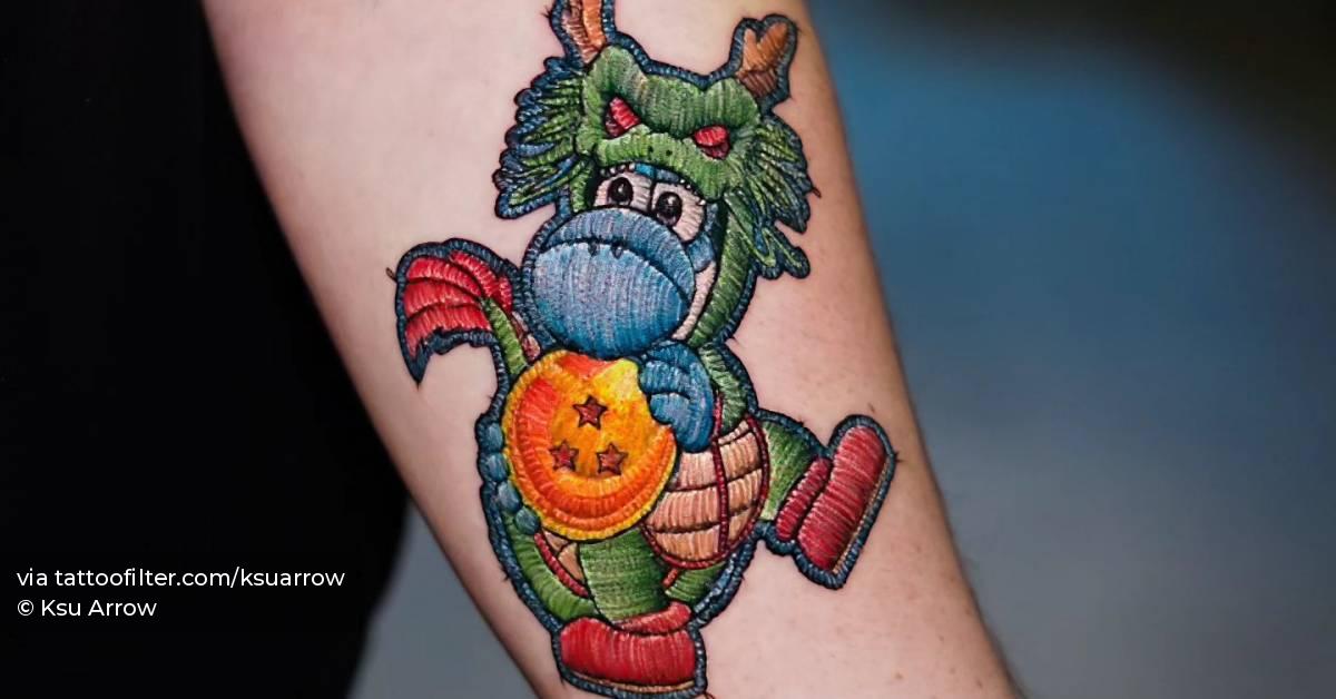 Shenron and Yoshi crossover patch tattoo.