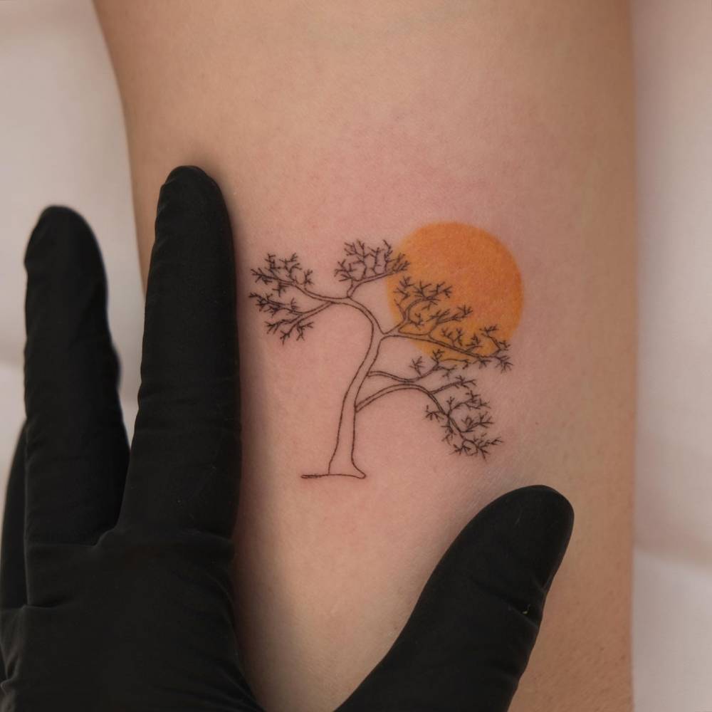 Oneline Bonsai Tree Tattooed On The Inner Forearm 