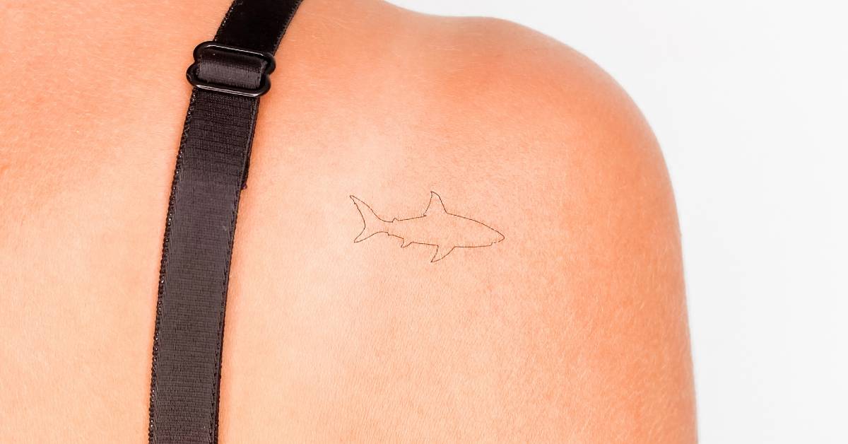 Fine line shark temporary tattoo located on the shouder