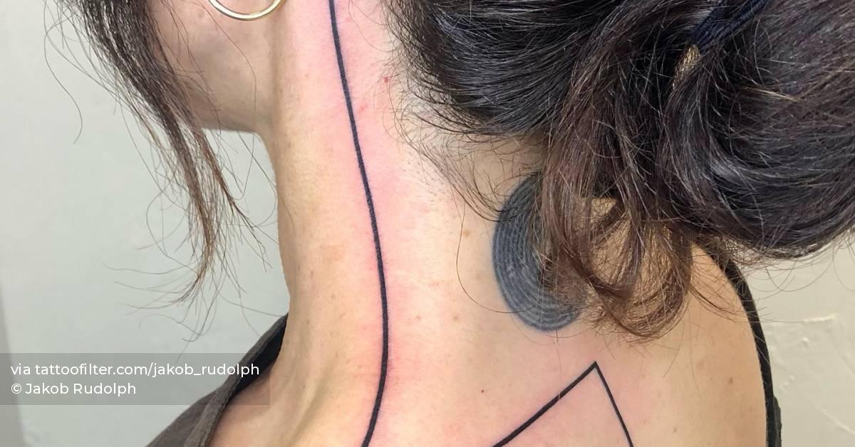 Line art tattoo located on the neck and back.