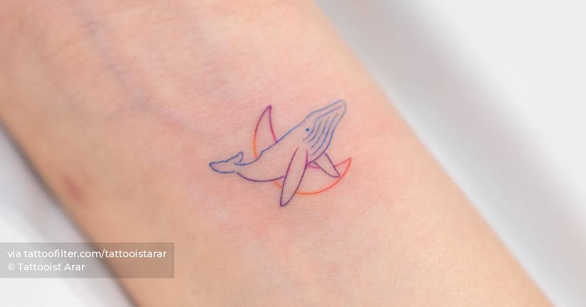 Fine line style spectrum whale and crescent moon tattoo