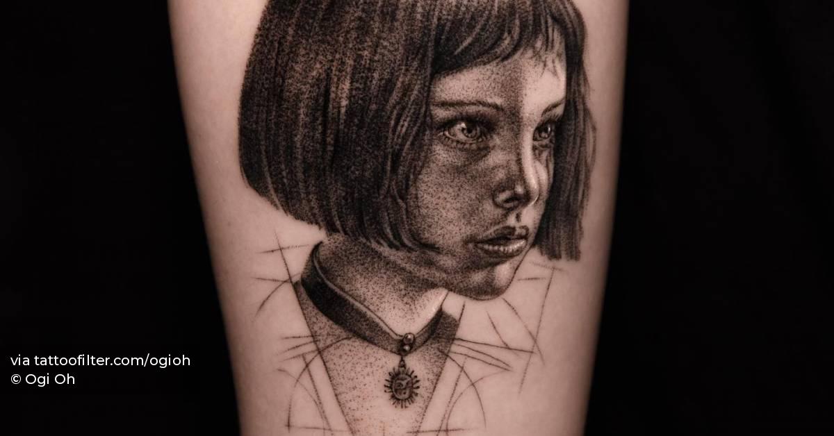 Black and grey Mathilda Lando portrait tattoo placed on