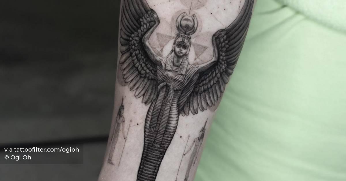 Isis tattoo located on the inner forearm, graphic