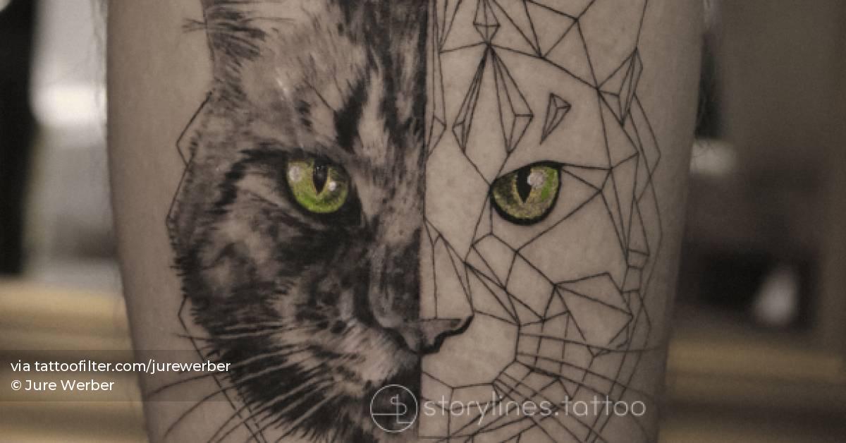 Cat tattoo with geometric shapes.
