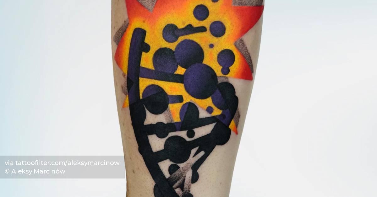 Pop art style DNA tattoo located on the inner forearm.