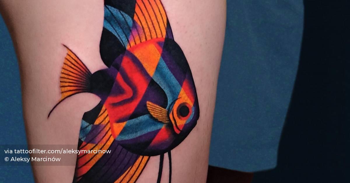 Contemporary angelfish tattoo located on the thigh.