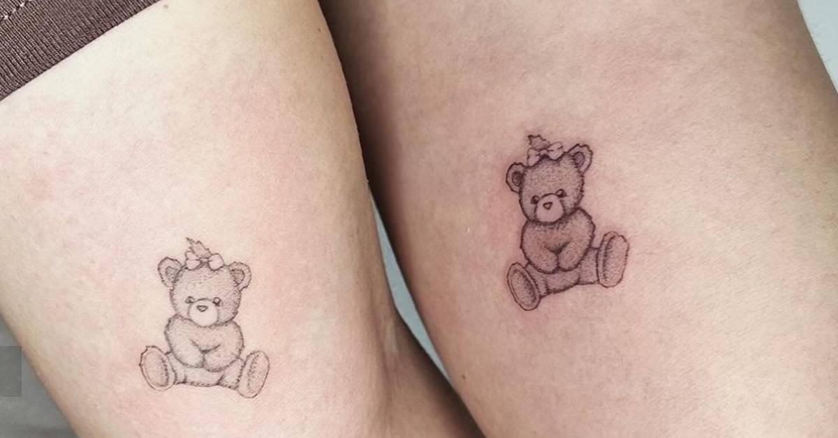Matching teddy bear tattoo for couple.