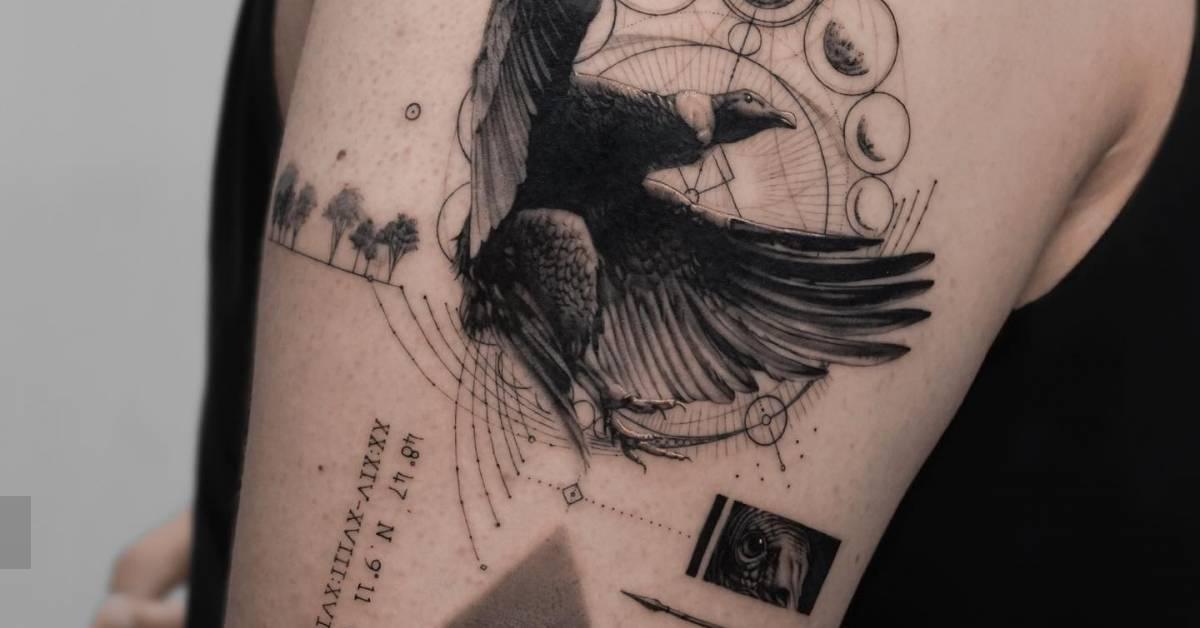 Condor tattoo located on the upper arm, graphic style.