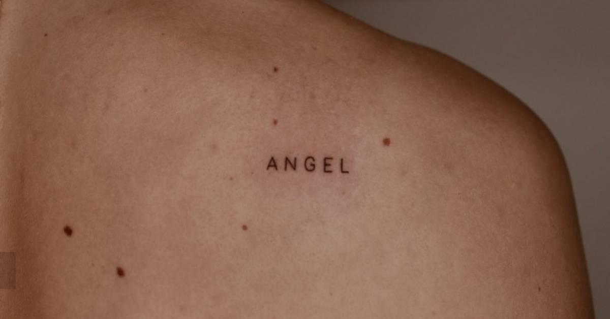 Lettering tattoo of the word "angel" done on the
