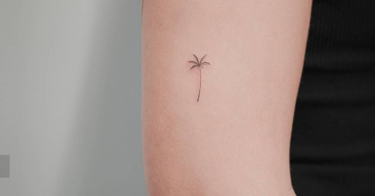 Tiny fine line style palm tree tattoo located on the