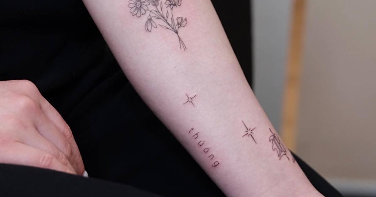 Fine line style forearm composition tattoos.