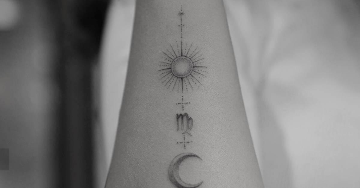 Single needle Virgo zodiac symbol, sun and moon tattoo