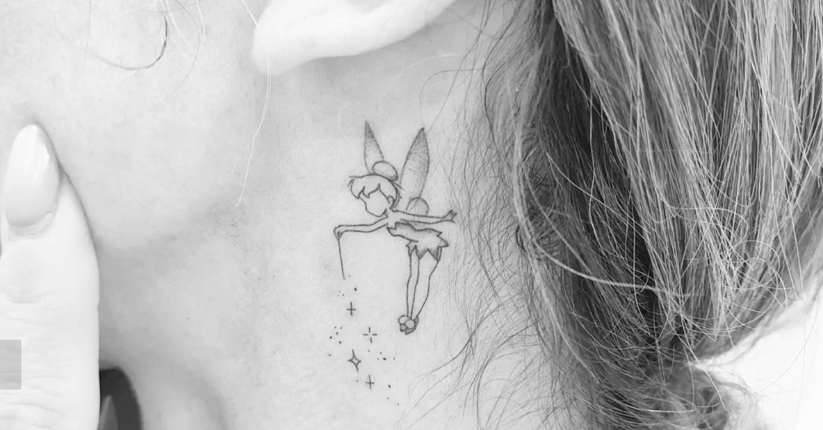 Disney's Tinker Bell tattoo placed on the neck.