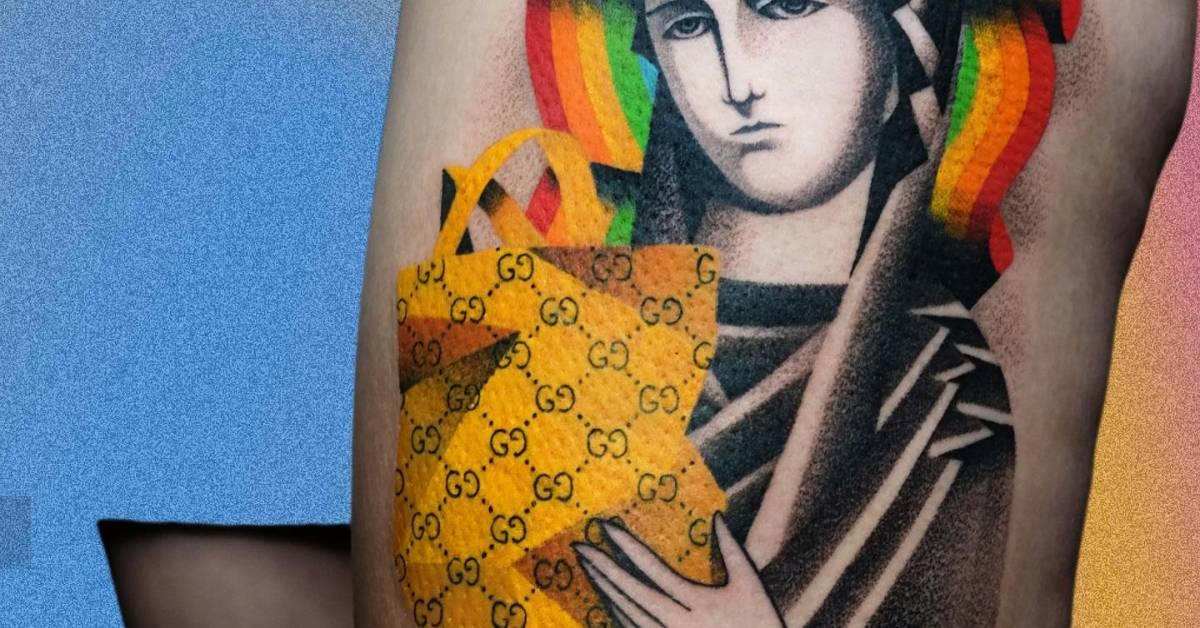 Gucci Virgin Mary tattoo located on the thigh.