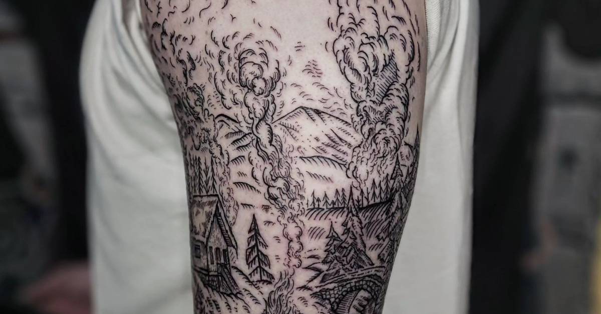 Engraving style bonfire tattoo located on the upper