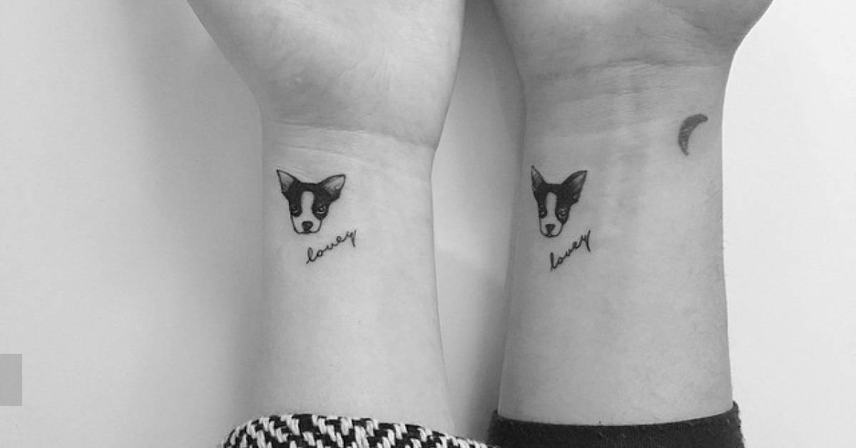 Matching minimalistic dog portrait tattoo located on