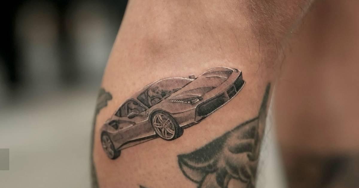 Ferrari 488 GTB tattoo located on the shin.
