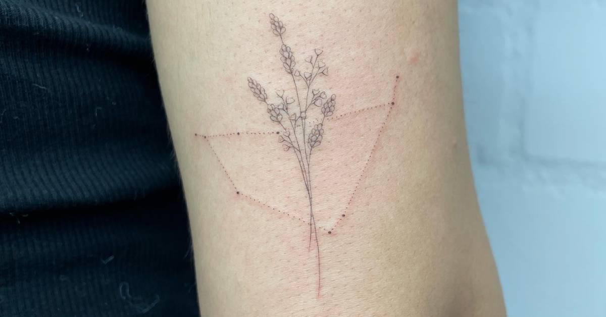Fine line Capricornus constellation and flowers