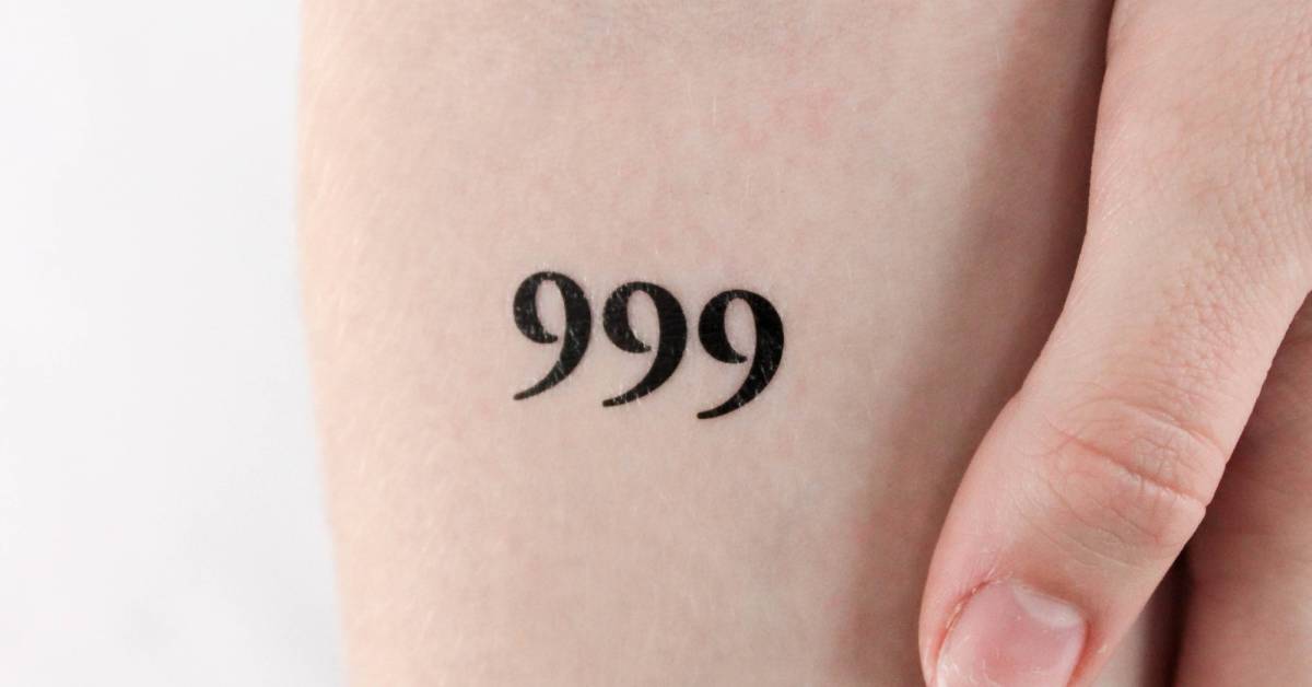 "999" angel number temporary tattoo located on the