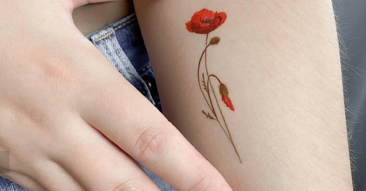 Watercolor style red poppy Temporary Tattoo