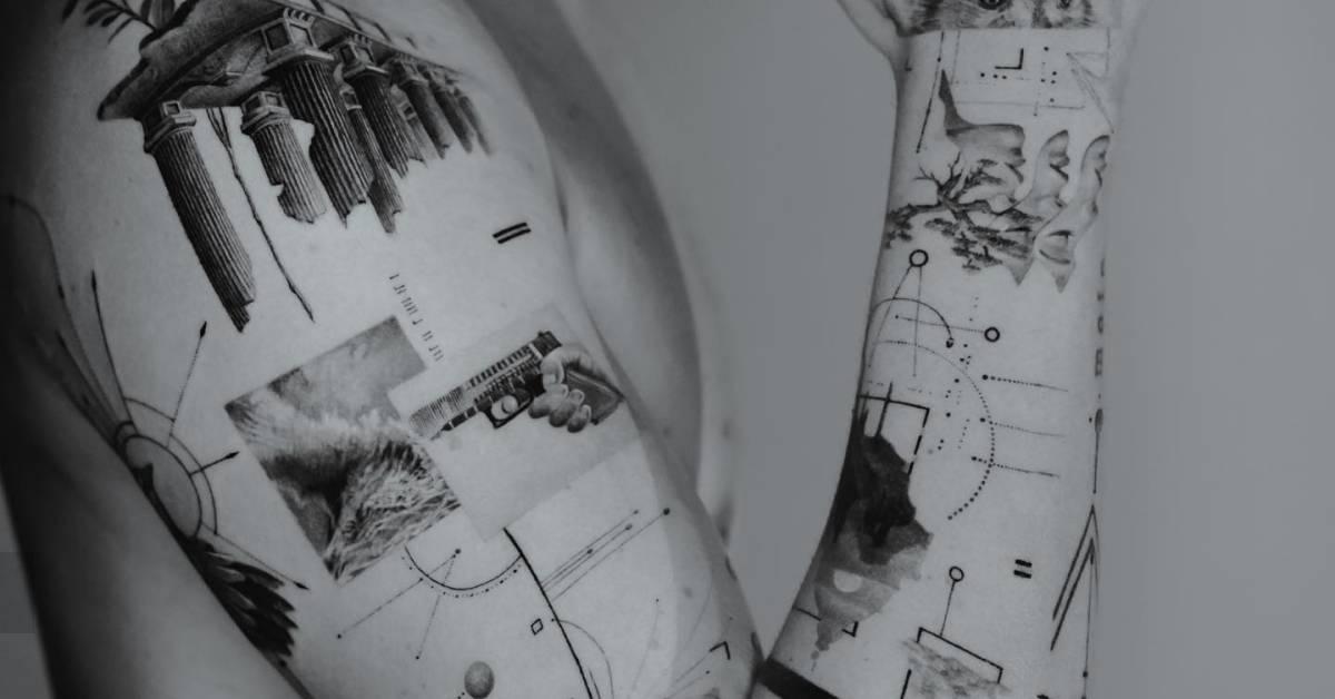 Graphic style arm composition tattoos.