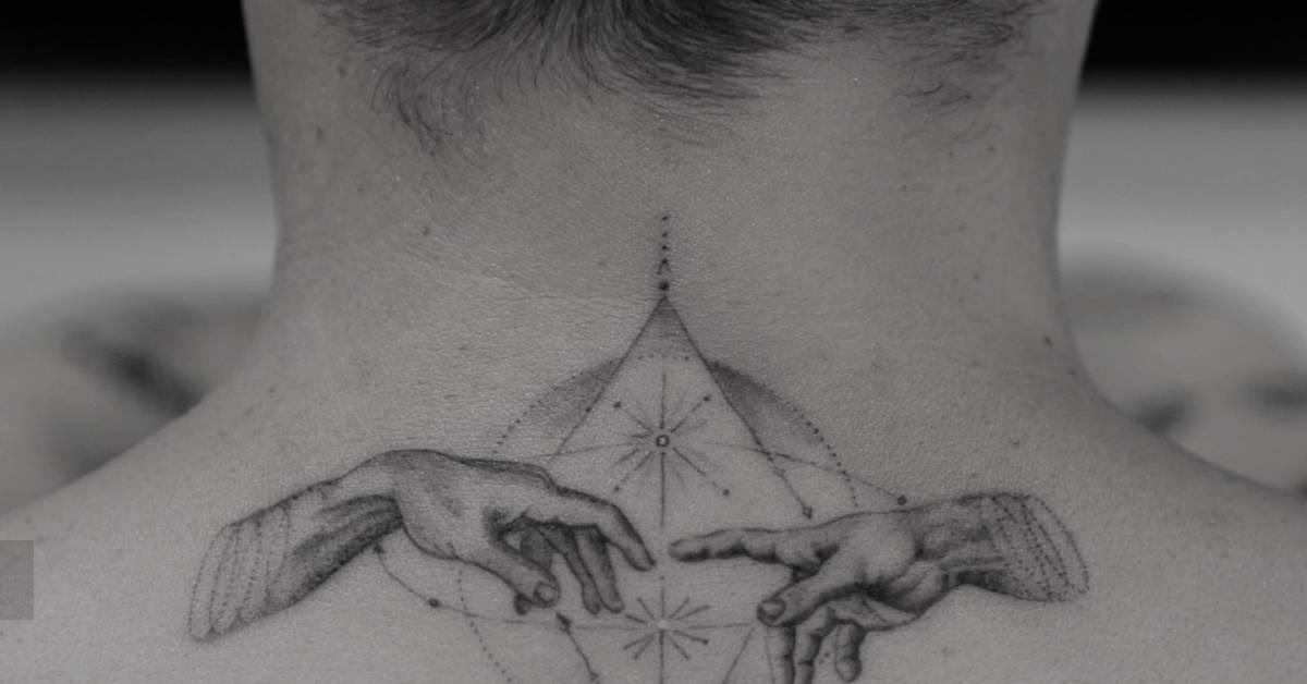 Single needle 'The Creation of Adam' hands tattooed on