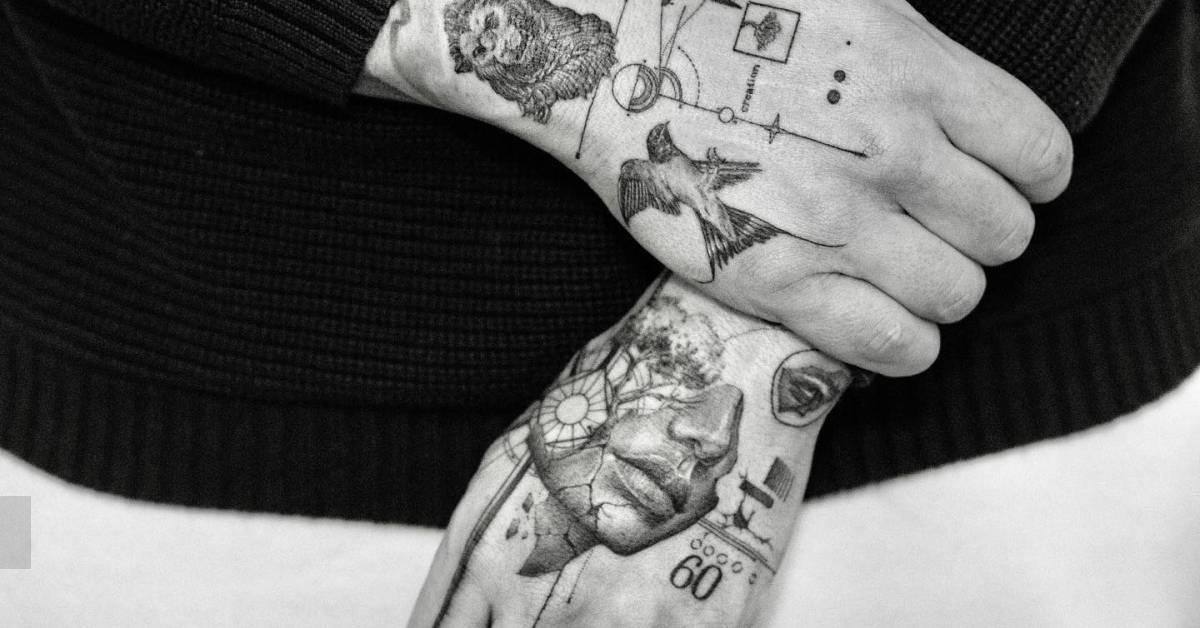 Graphic style hand composition tattoos.