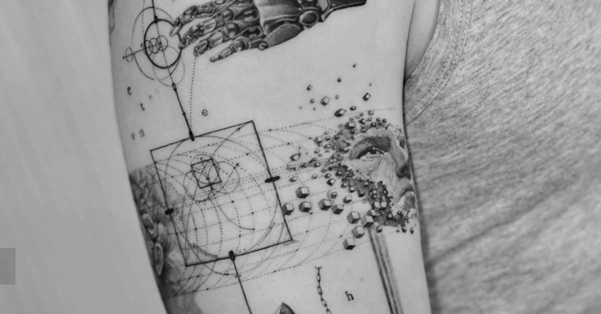 Upper arm composition tattoo done in graphic style.