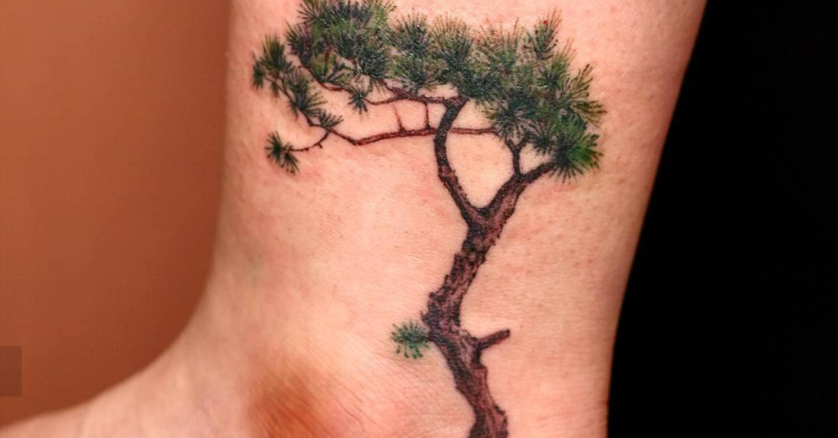 Bonsai tree tattoo located on the ankle, watercolor