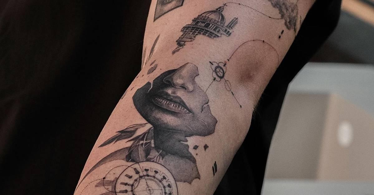 Arm composition tattoo done in graphic style.