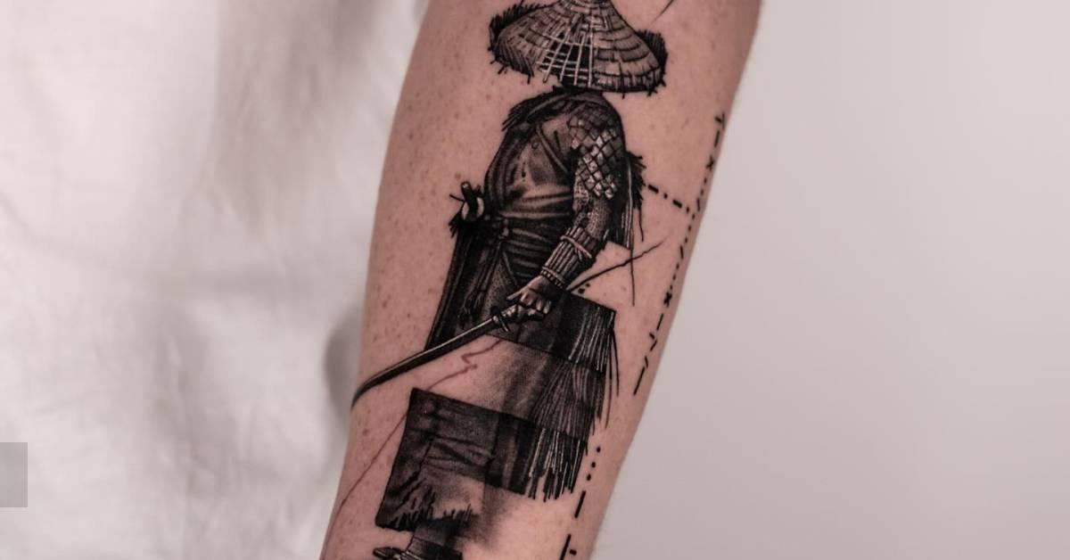 Graphic style Samurai tattoo located on the forearm.