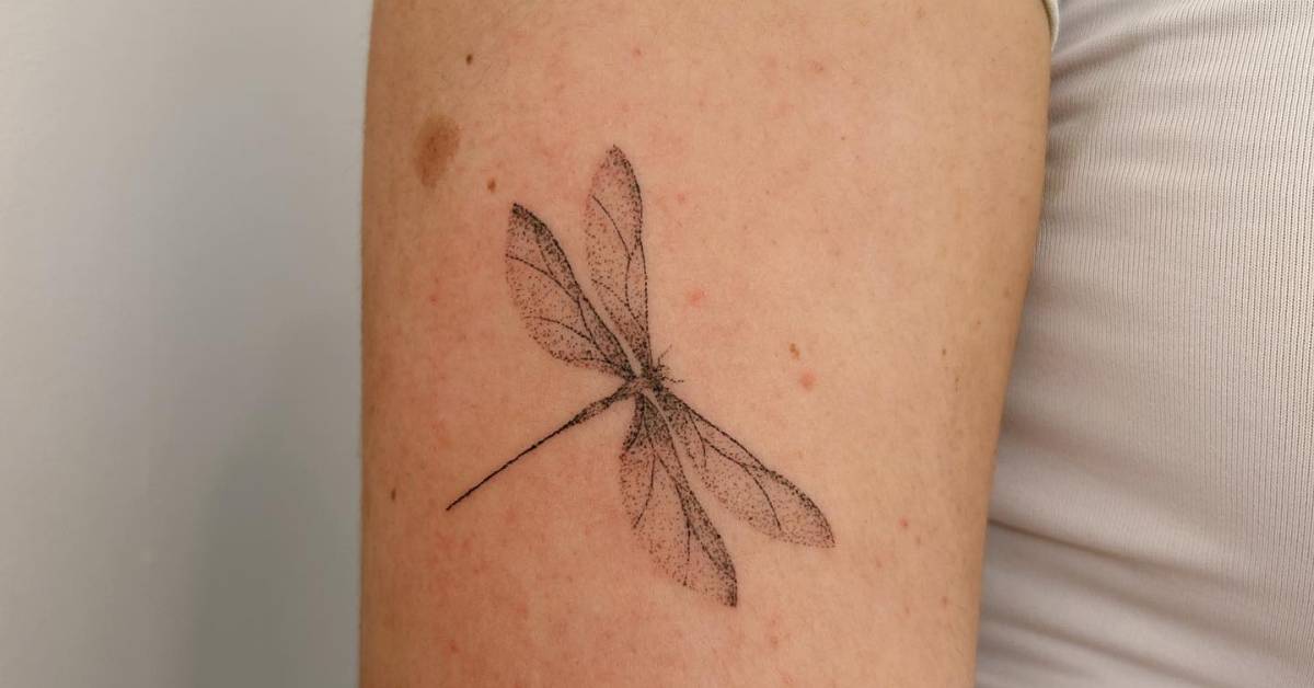 Hand poked dragonfly tattoo done on the upper arm.