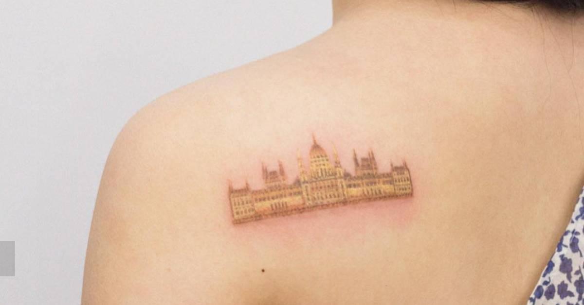 Watercolor style Hungarian Parliament tattoo located on