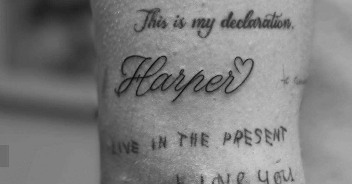 "Harper" lettering tattoo located on Romeo Beckham's