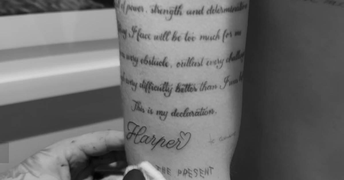 "Harper" lettering tattoo located on Romeo Beckham's