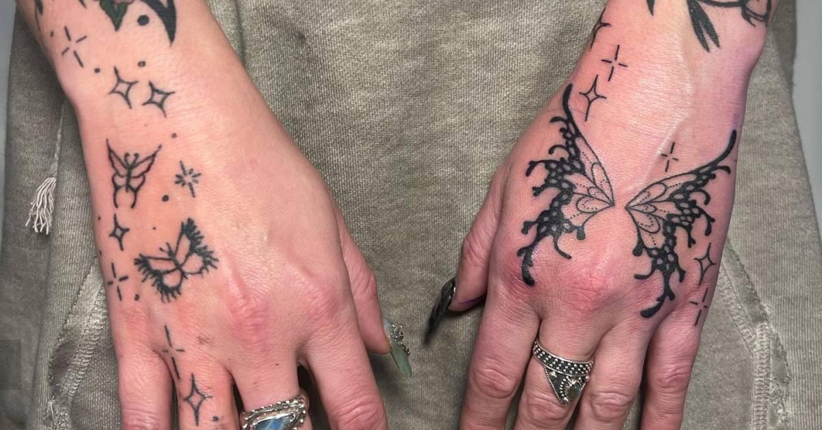 Butterflies and stars hand composition tattoos.