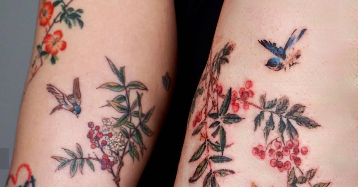 Matching rowan and birds tattoo in watercolor style for