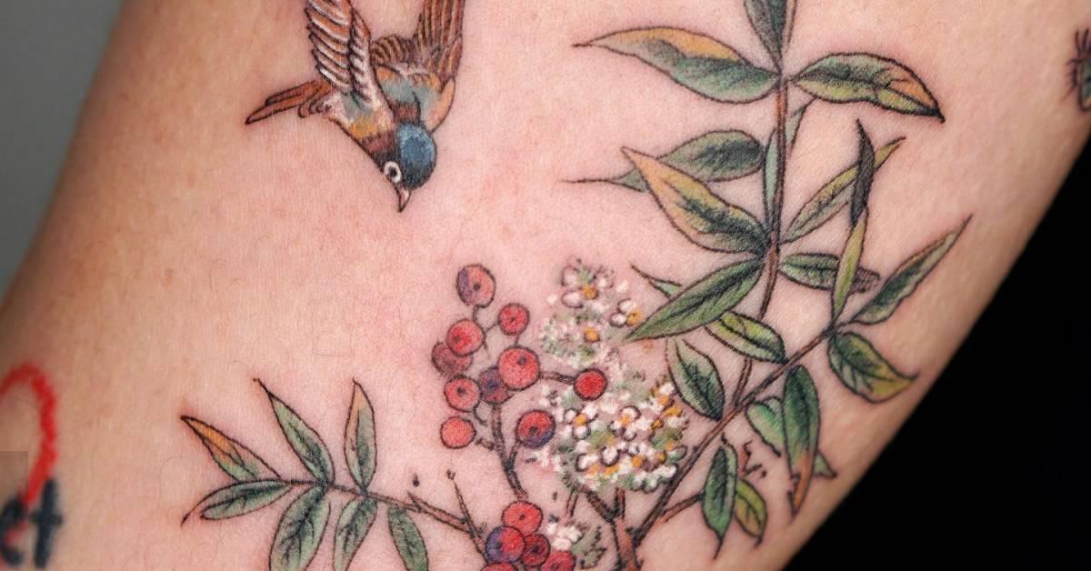 Rowan and bird tattoo located on the upper arm,